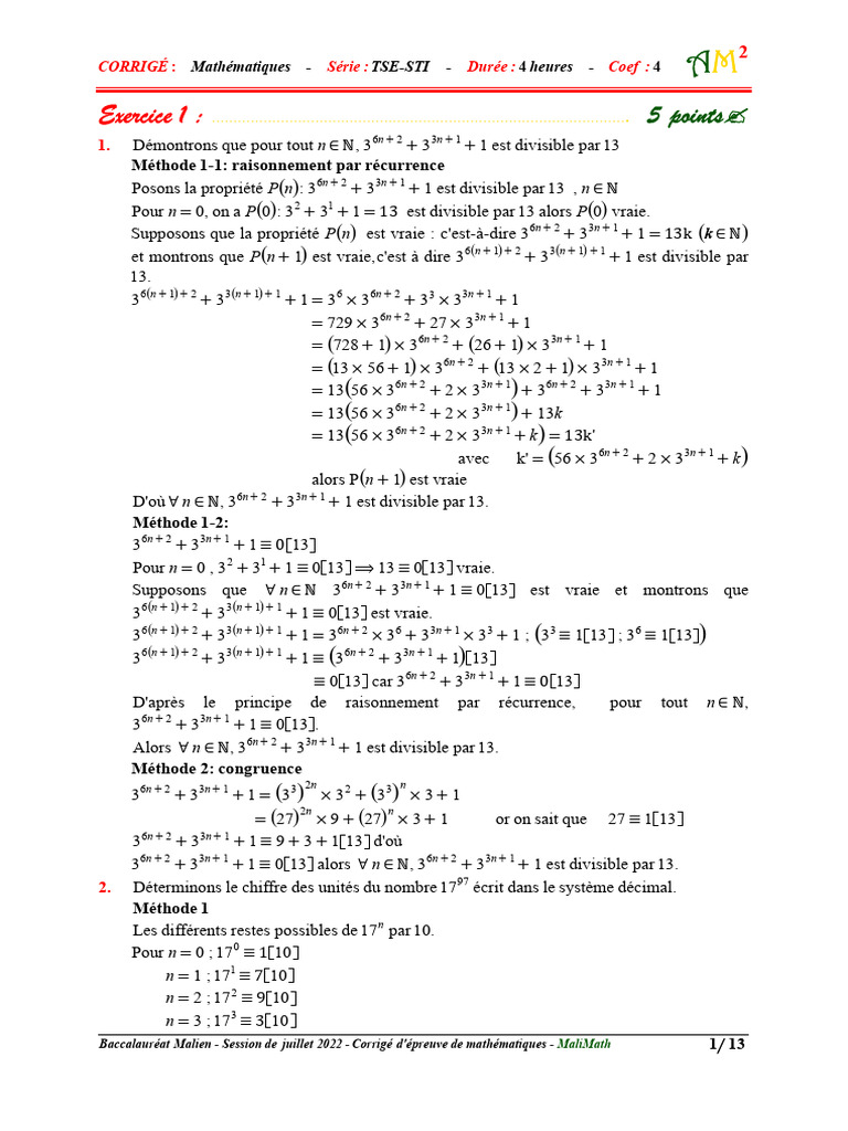 Corrigé Mathématiques Bac 2022 Mali | PDF | Théorie des nombres | Code ...