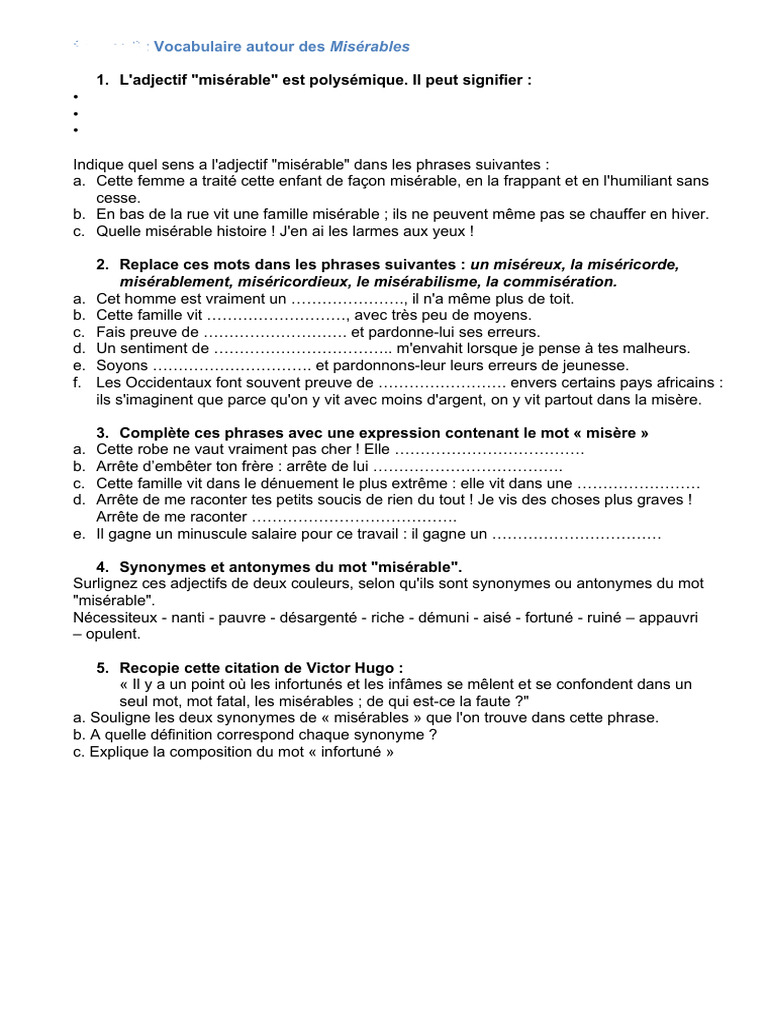 Vocabulaire Misérables - Élève | PDF
