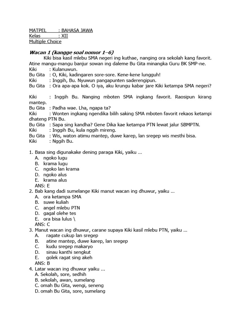 Soal STS - Bahasa Jawa Kelas Xii - Bu Nur Halimah | PDF