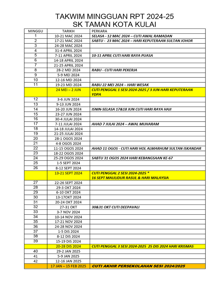 Takwim Mingguan RPT 2024-25 | PDF