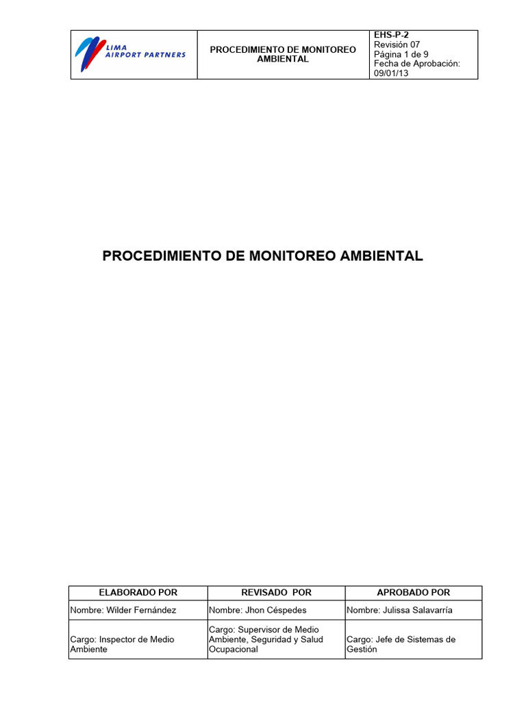 313-Ehs-P-2 Procedimiento de Monitoreo Ambiental | Descargar gratis PDF | Evaluación de impacto ...