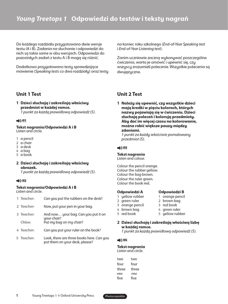 Young Treetops Level 1 Tests Answers | PDF