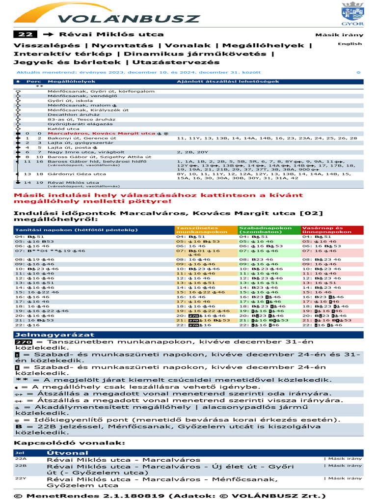 Győr 22 Jelű Vonalának Menetrendje - MenetRendes - VOLÁNBUSZ ZRT | PDF