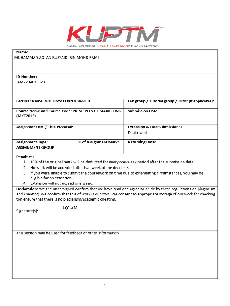 Muhammad Aqlan Rusaydi S2 Group Assignment MKT2013 | PDF | Civil ...
