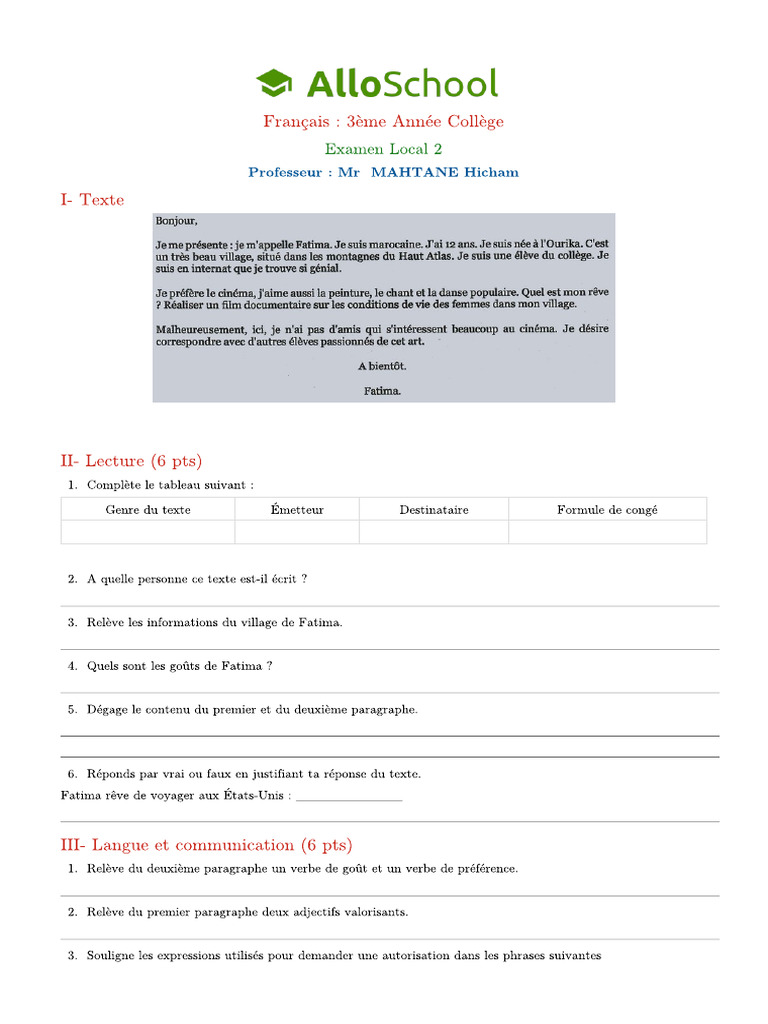 Francais 3ac Examen Local 2 2 | PDF