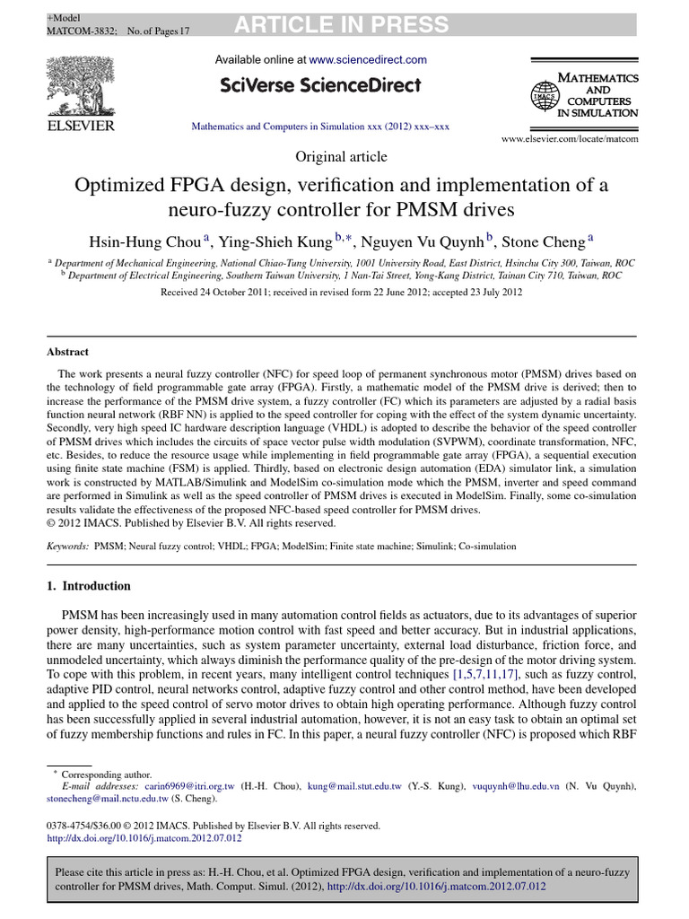 Optimized Fpga Design Verification And Implementation Of A Neuro Fuzzy Controller For Pmsm