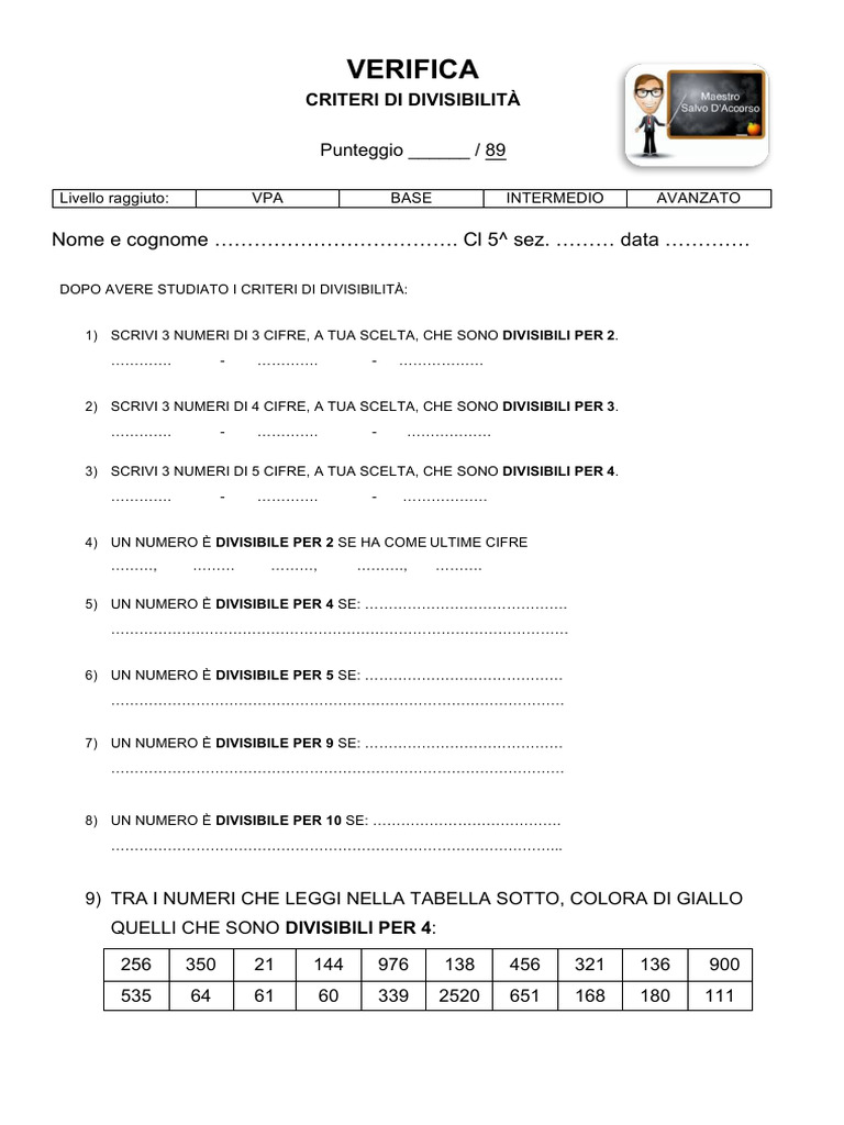 Criteri Di Divisibilità Verifica | PDF