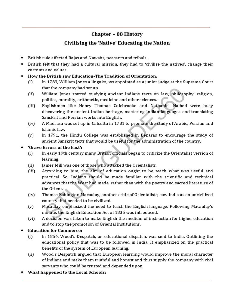 08 Social Science History Key Notes CH 08 Civilising The Native ...