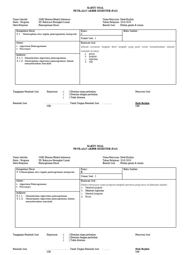 Kartu Soal Pemrograman Dasar | PDF
