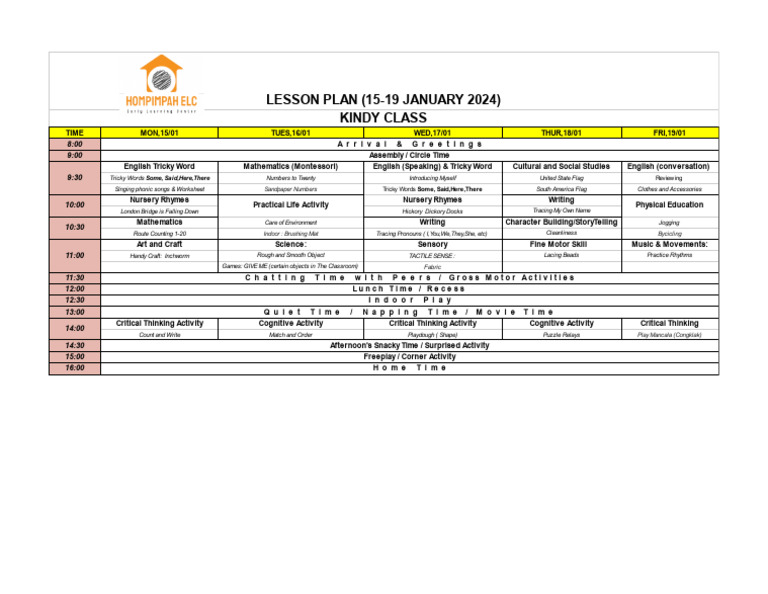 KINDY Lesson Plan 15-19 Jan 2024 | PDF