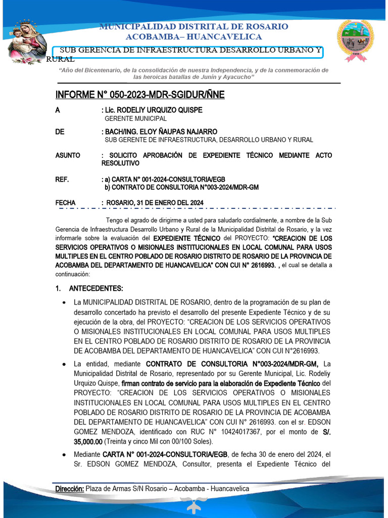 Informe #001-Requerimiento Asistente Administrativo-Sgidur | PDF | Presupuesto
