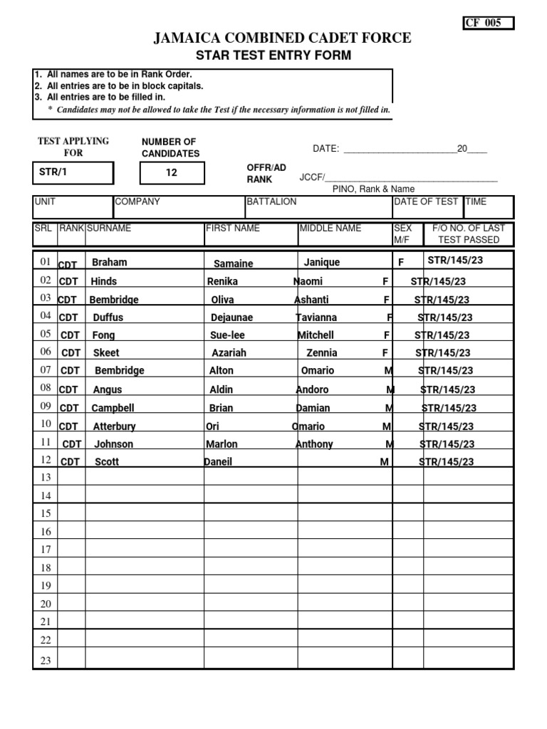CF 005 Star Test Entry Form | PDF
