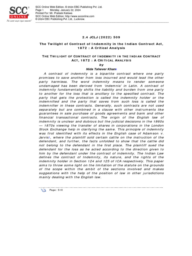 Indemnity Contracts in Indian Law Analysis | PDF | Indemnity | Contract Law