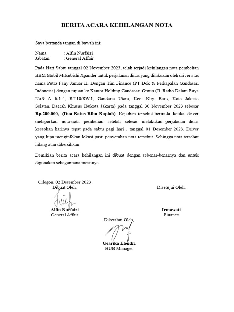 Ba Kehilangan Nota BBM | PDF