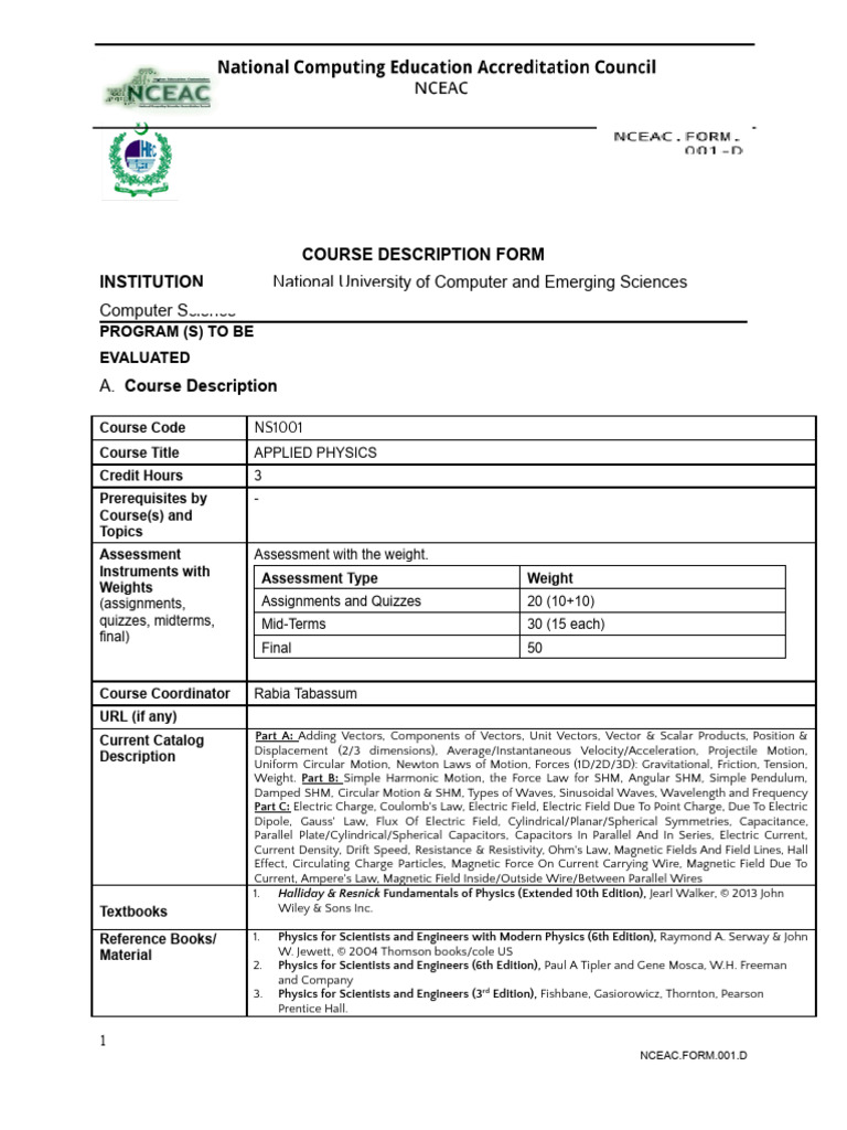 Applied Physics Course Outline Fall 23 | PDF