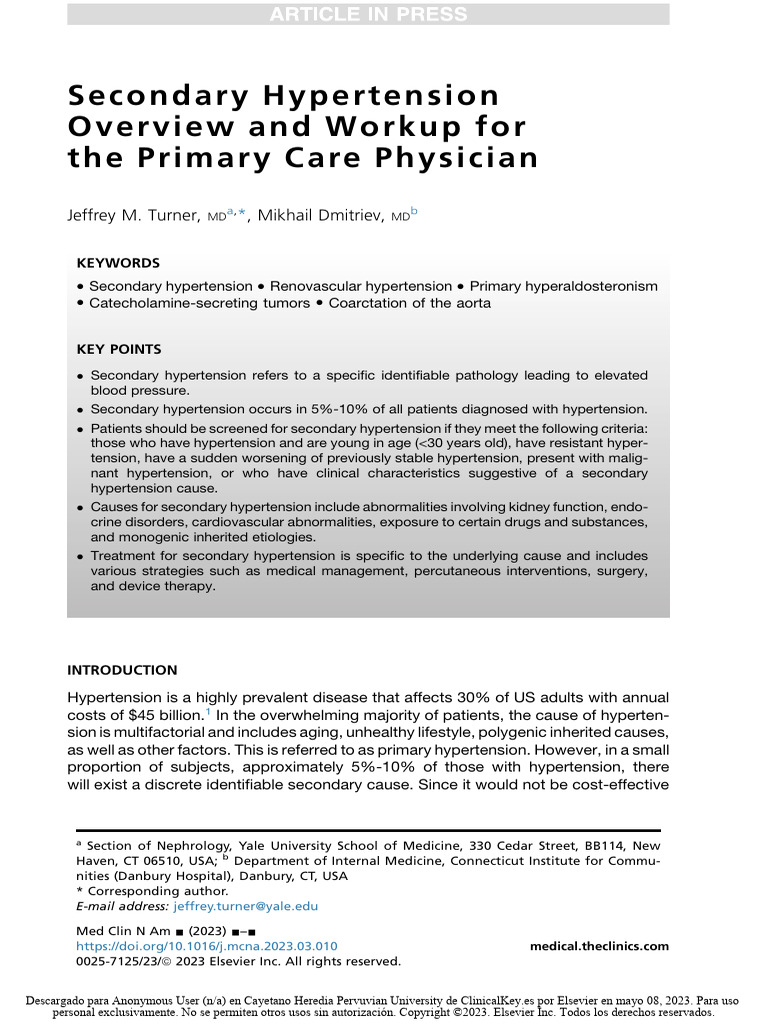 Secondary Hypertension Overview and Workup For The Primary Care | PDF ...