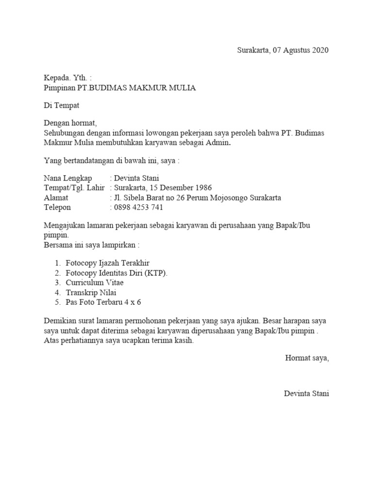 Surat Lamaran Kerja PT Budimas Makmur Mulia | PDF
