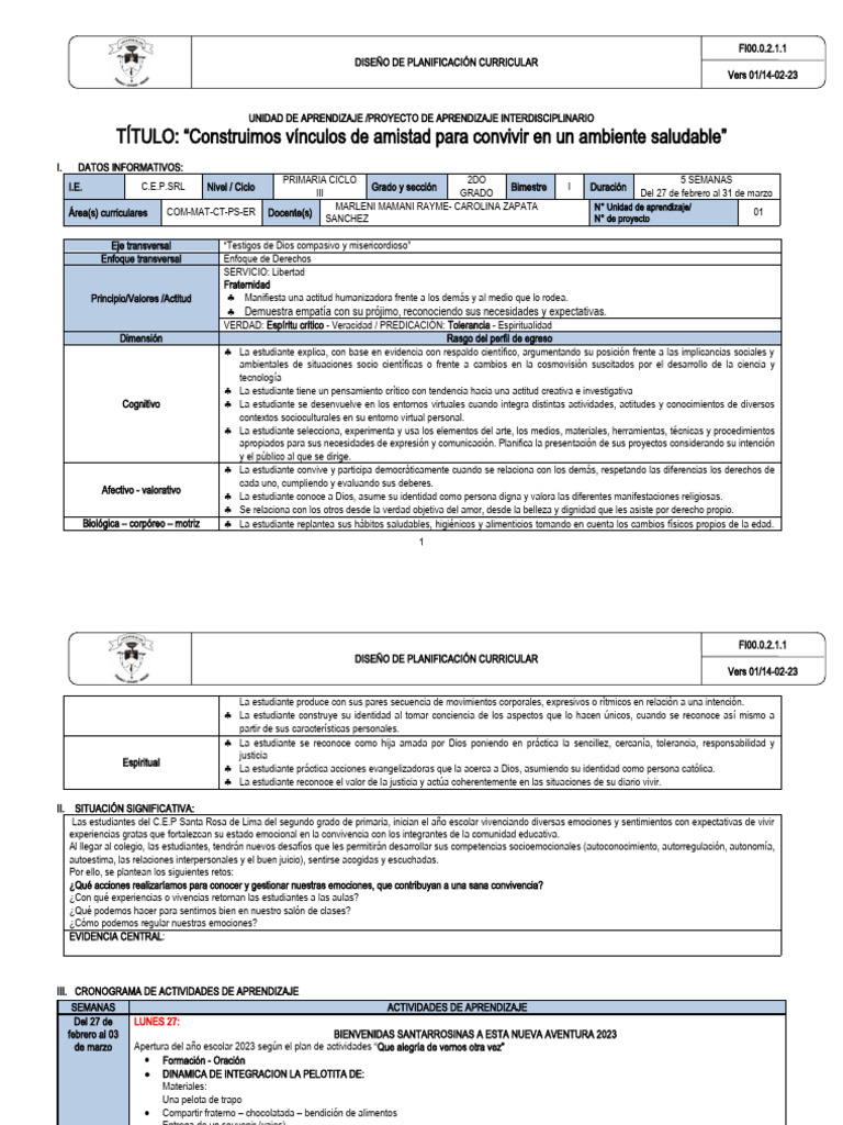 Unidad 1 - Proyecto de Aprendizaje Interdisciplinario - 2DO PRIMARIA | PDF