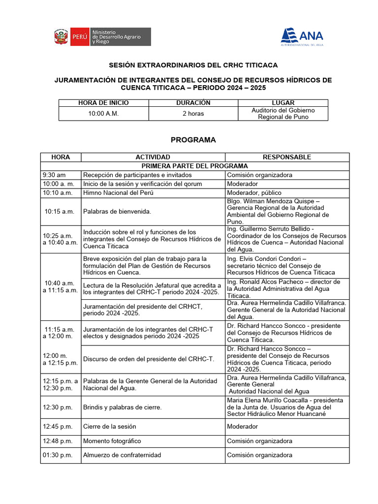 PROGRAMA - JURAMENTACIÓN E INSTALACIÓN DEL CRHCT 2024 - 2025 (Corrección Final) | PDF
