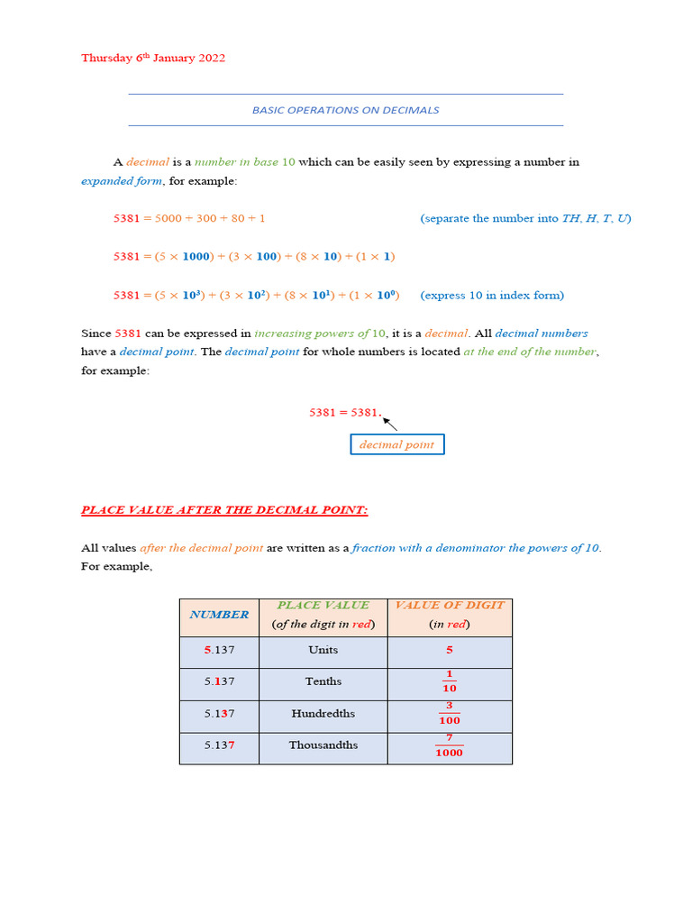 Basic Operations On Decimals | PDF