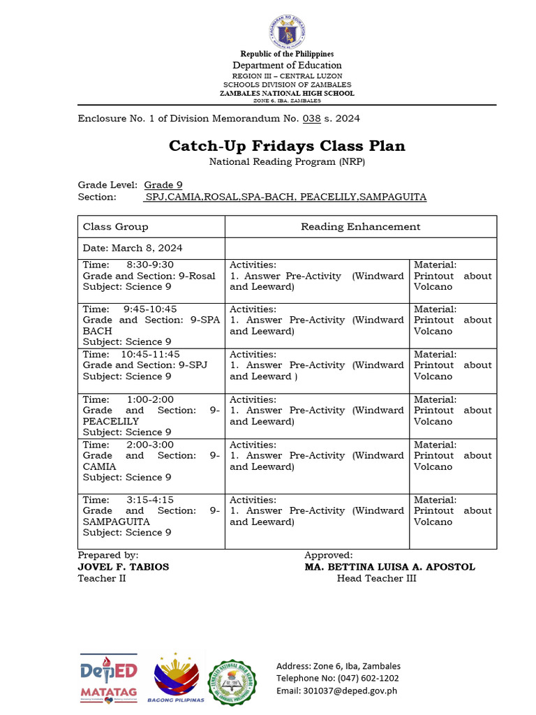 Catch Up Fridays Plan S.Y 2023 2024 | PDF