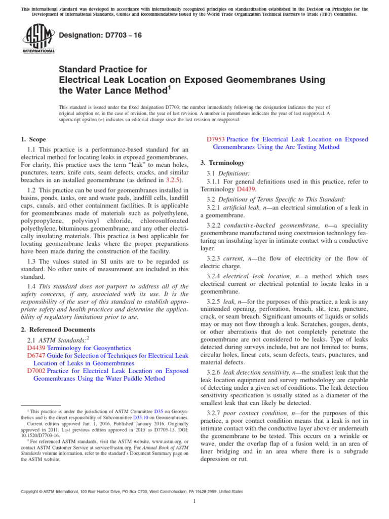 Standard Practice For Electrical Leak Location On Exposed Geomembranes ...