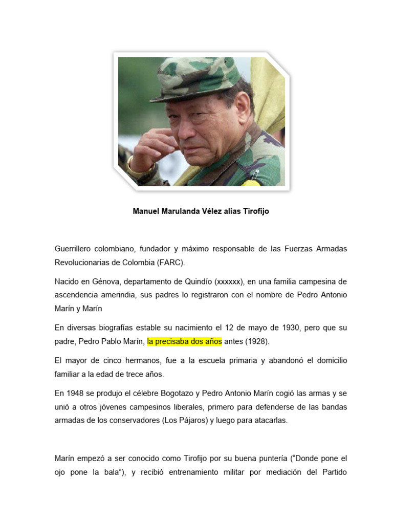 Manuel Marulanda Vélez Alias Tirofijo | PDF | Colombia