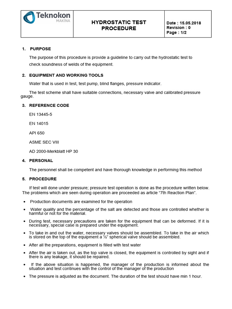 1-Hydrostatic Test Procedure | PDF | Leak | Equipment