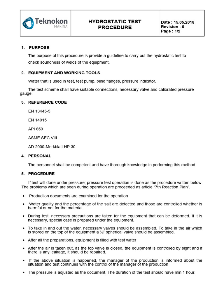 1-Hydrostatic Test Procedure | PDF | Leak | Equipment