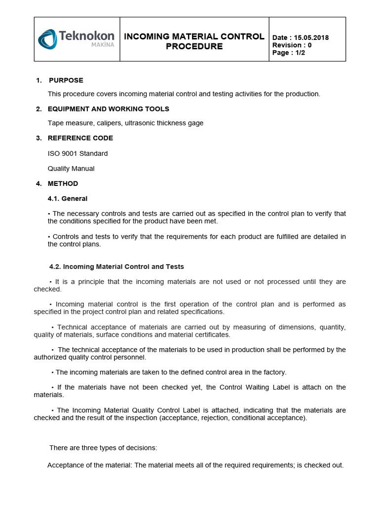 8-Incoming Material Control Procedure | PDF | Business Process