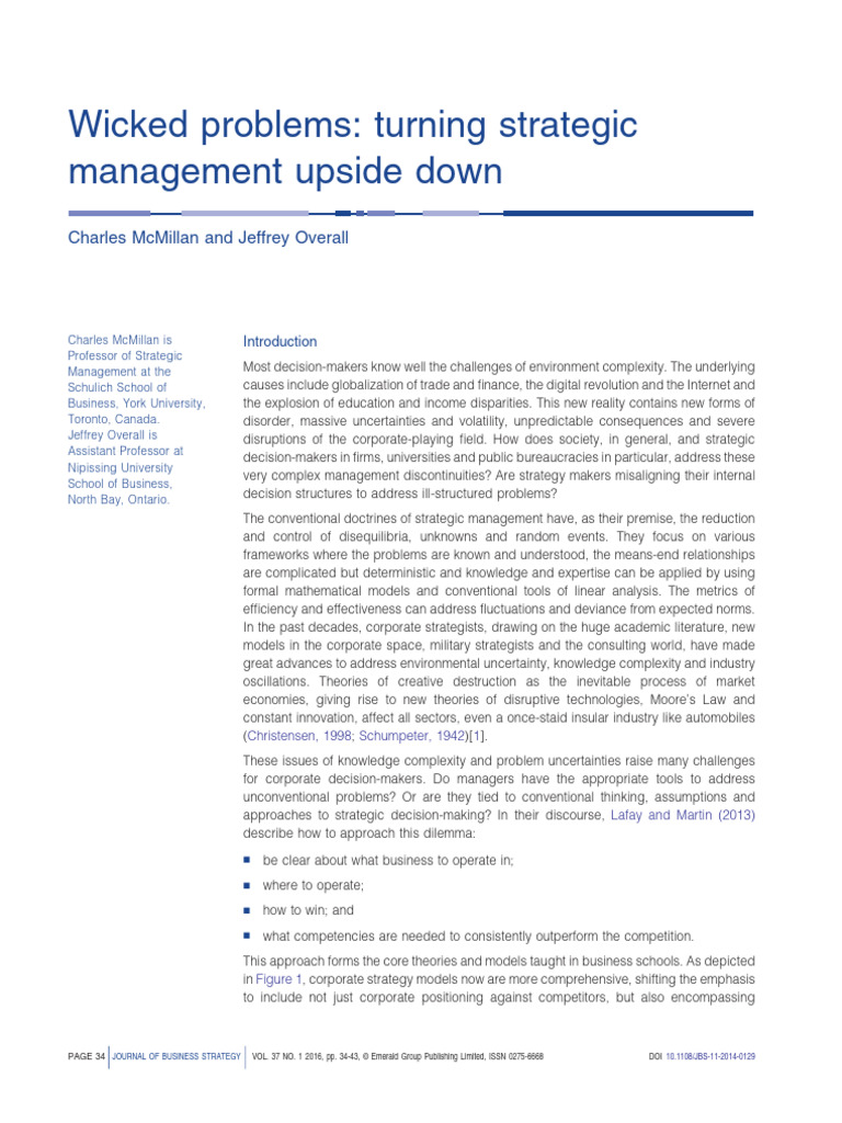 McMillan and Overall, 2016, Wicked Problems - Turning Strategic Management Upside Down | PDF