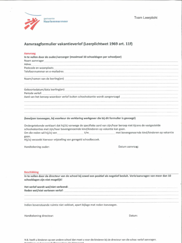 Aanvraagformulier Vakantieverlof | PDF