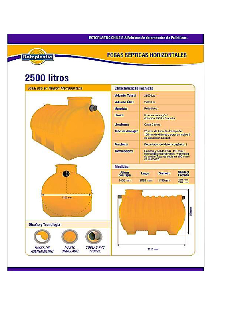 Ficha Técnica Fosa Prefabricada Rotoplastic 2500 | PDF