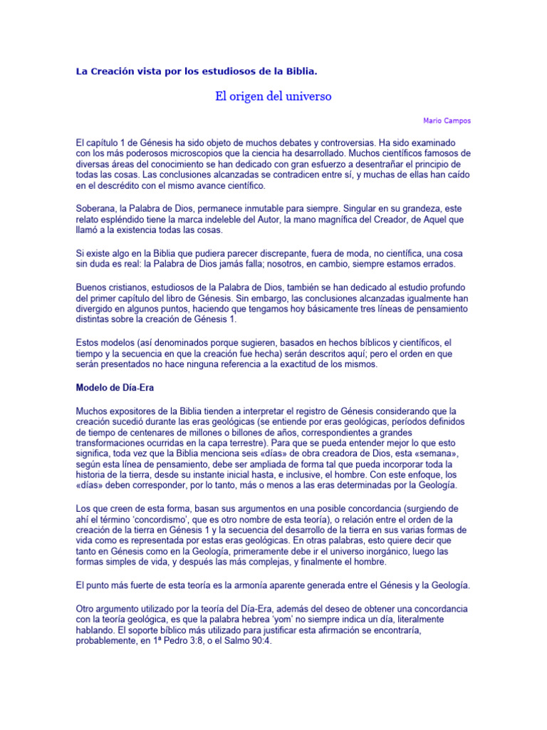 Modelos de Creación en Génesis 1 | PDF | Narrativa de la creación del ...