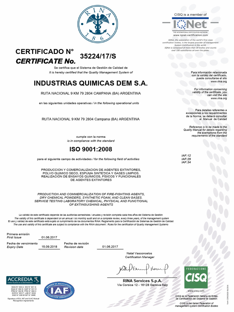 Certificado Degestion de Calidad Demsa | PDF