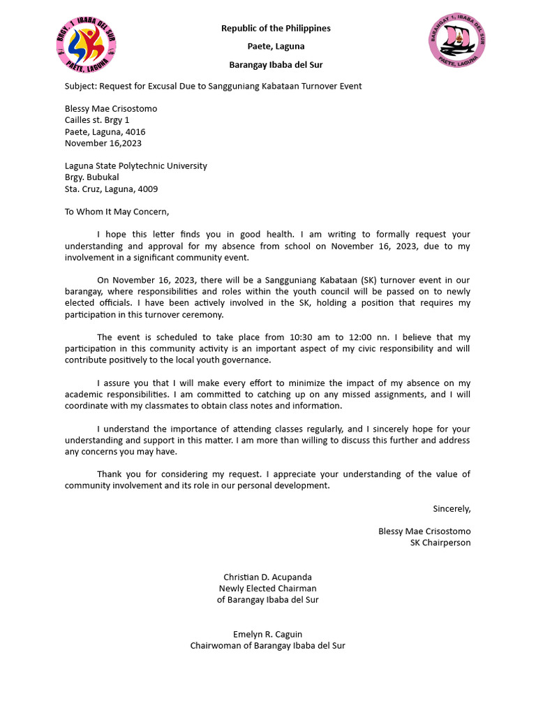 Excuse Letter For SK Turn Over | PDF