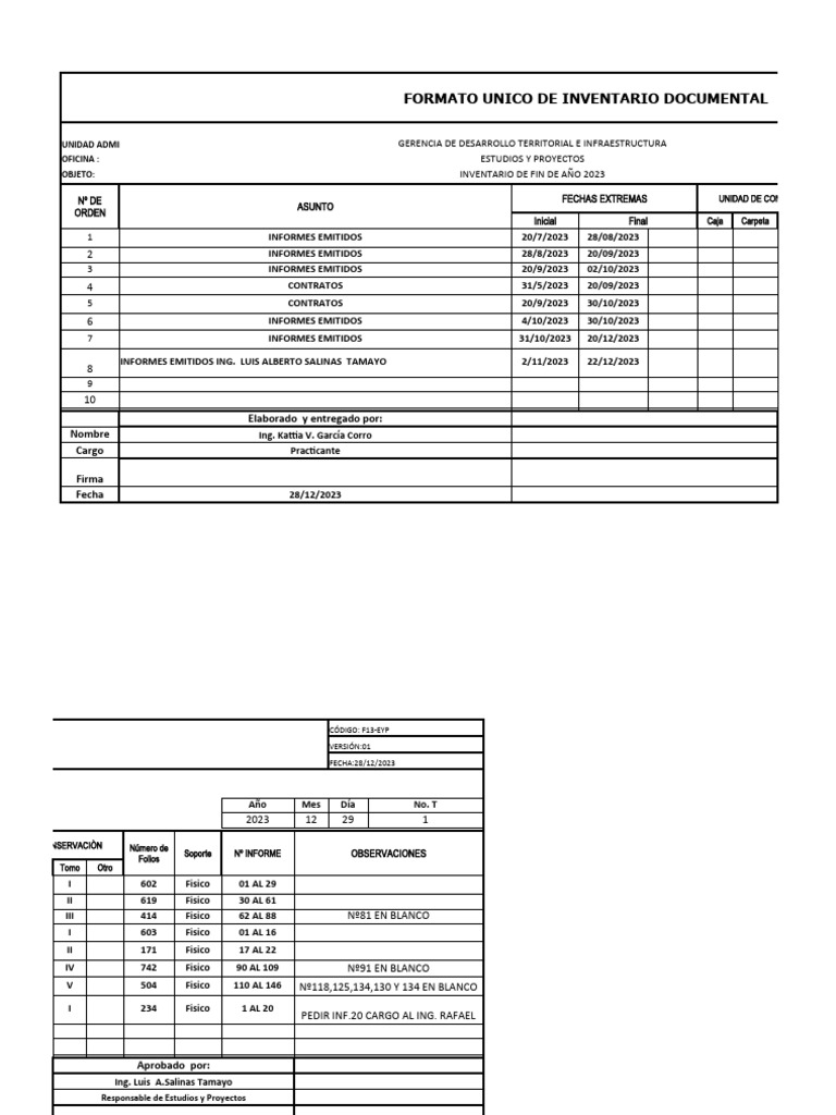 Formato de Inventario Documental 2023-Estudios y Proyectos | PDF