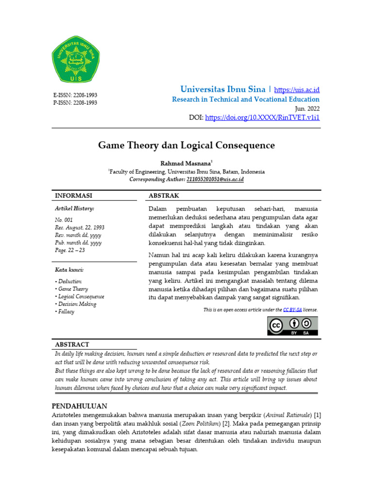 Artikel Rahmad Masnana - Game Theory & Logical Consequence | PDF | Komputer