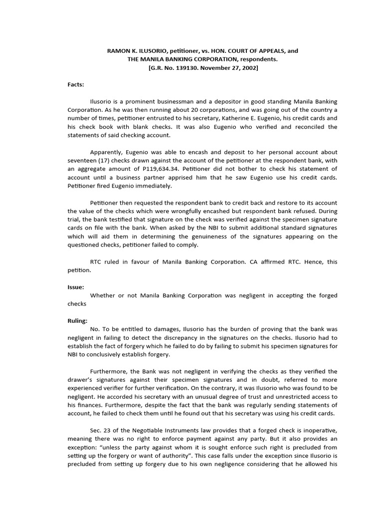 Ilusorio vs. Manila Bank: Forged Checks Case | PDF | Cheque | Banks