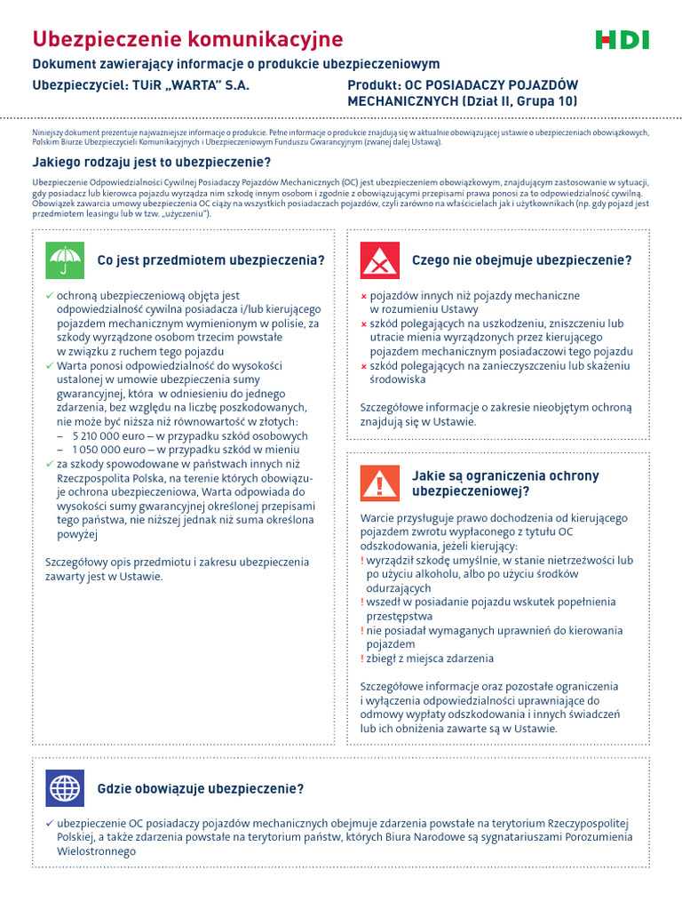 HDI IPID OC Posiadaczy Pojazdow Mechanicznych | PDF