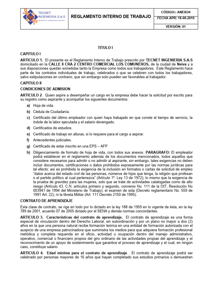 Reglamento Interno De Trabajo Tecnet Pdf Salario Derecho Laboral