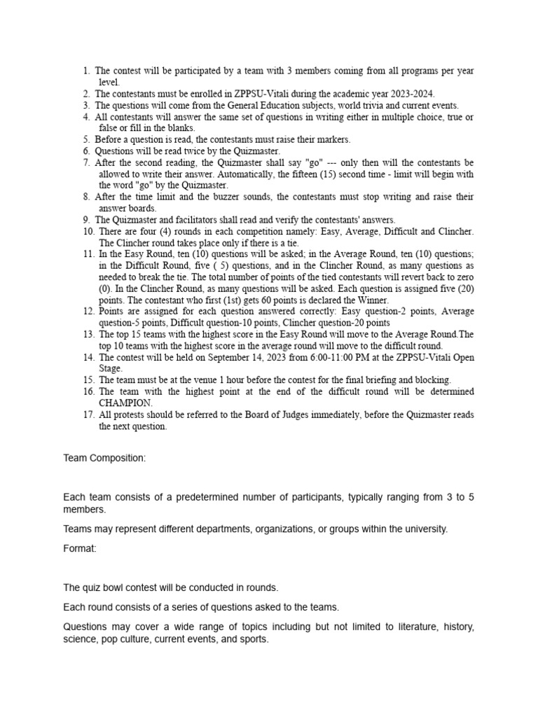 Quiz Bowl Contest Guidelines 2023 | PDF