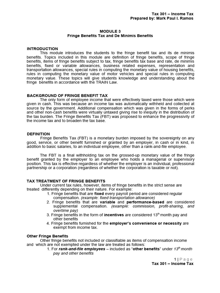Fringe Benefits Tax and De Minimis Guide | PDF