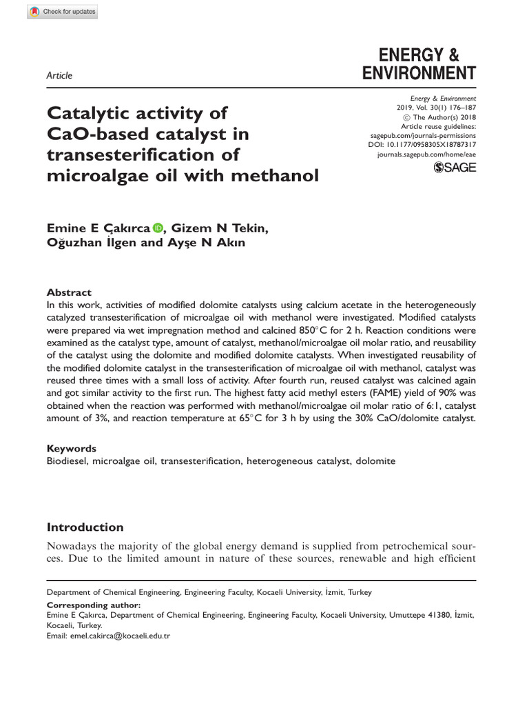 Cakirca Et Al 2018 Catalytic Activity of Cao Based Catalyst in ...