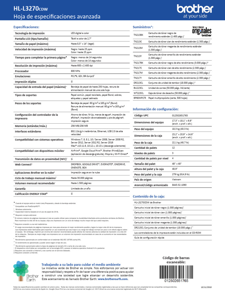 HL L3270CDW Advance Spec Sheet Spanish | PDF