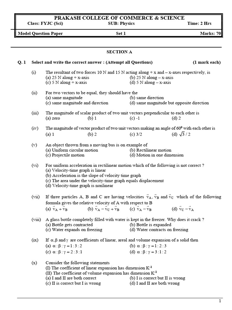Physics Set 1 | PDF | Velocity | Euclidean Vector