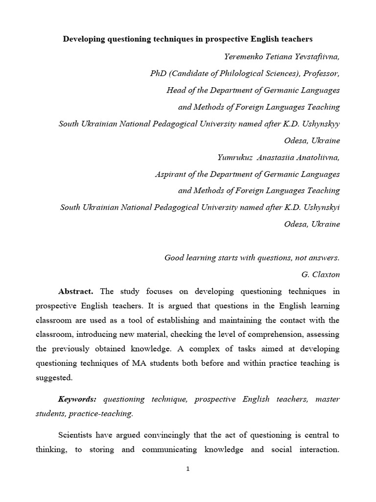 Questioning Techniques Pdf Reading Comprehension Teachers