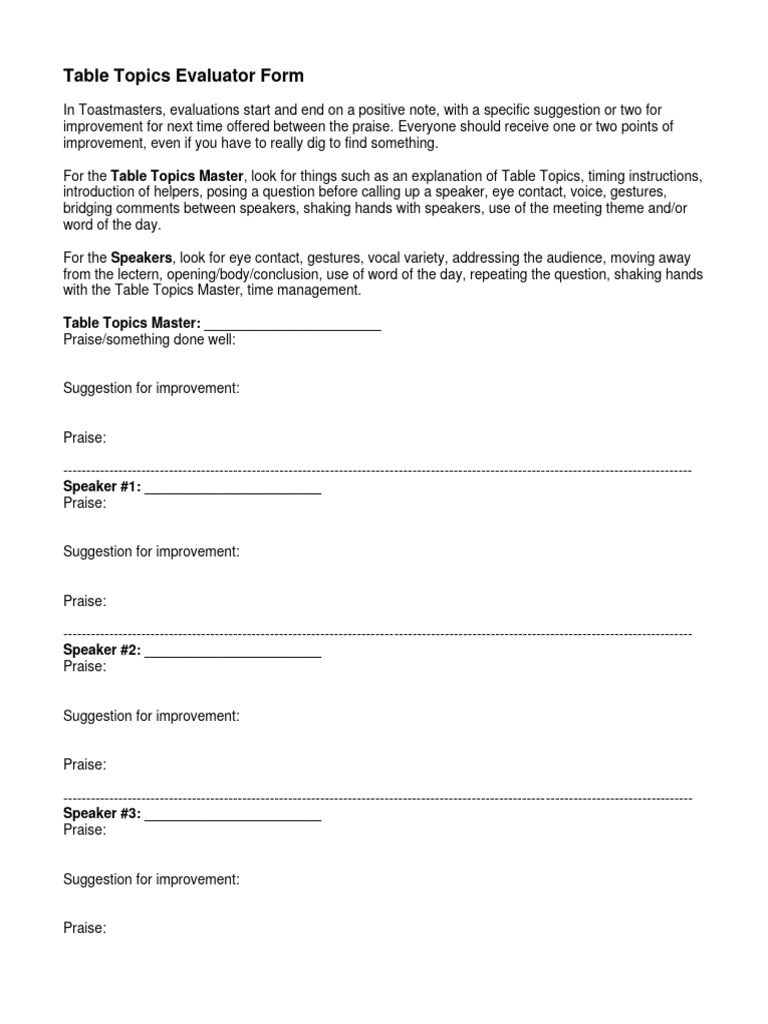 Toastmasters Evaluation Guide | PDF