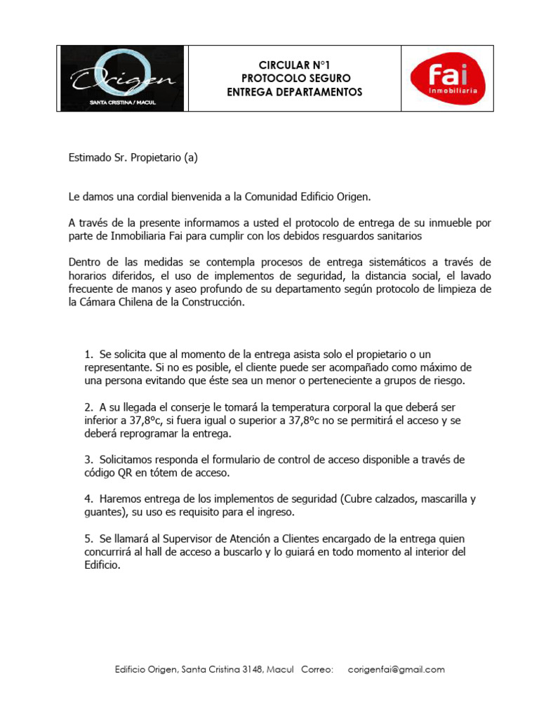 Circular N1 Protocolo Entrega Departamentos-Origen | PDF