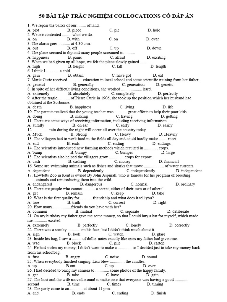 50 BÀI TẬP TRẮC NGHIỆM COLLOCATIONS CÓ ĐÁP ÁN | PDF | Art | Home & Garden